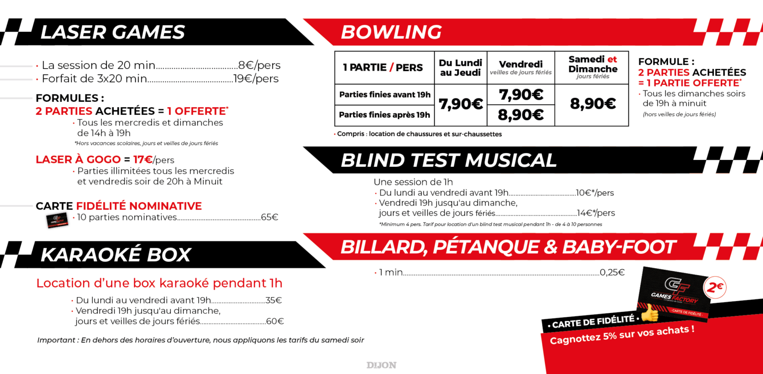 Tarifs - Games Factory Dijon